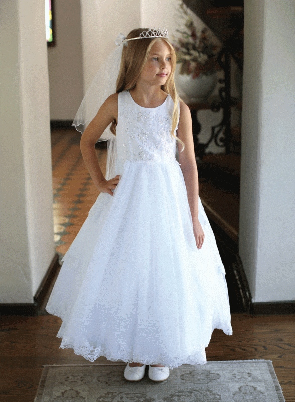 Short Sleeve Satin First Communion Dress with Satin Trim Skirt ...