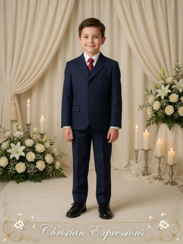 Boys 5 Pc Navy Blue First Communion Suit - FirstCommunions.com